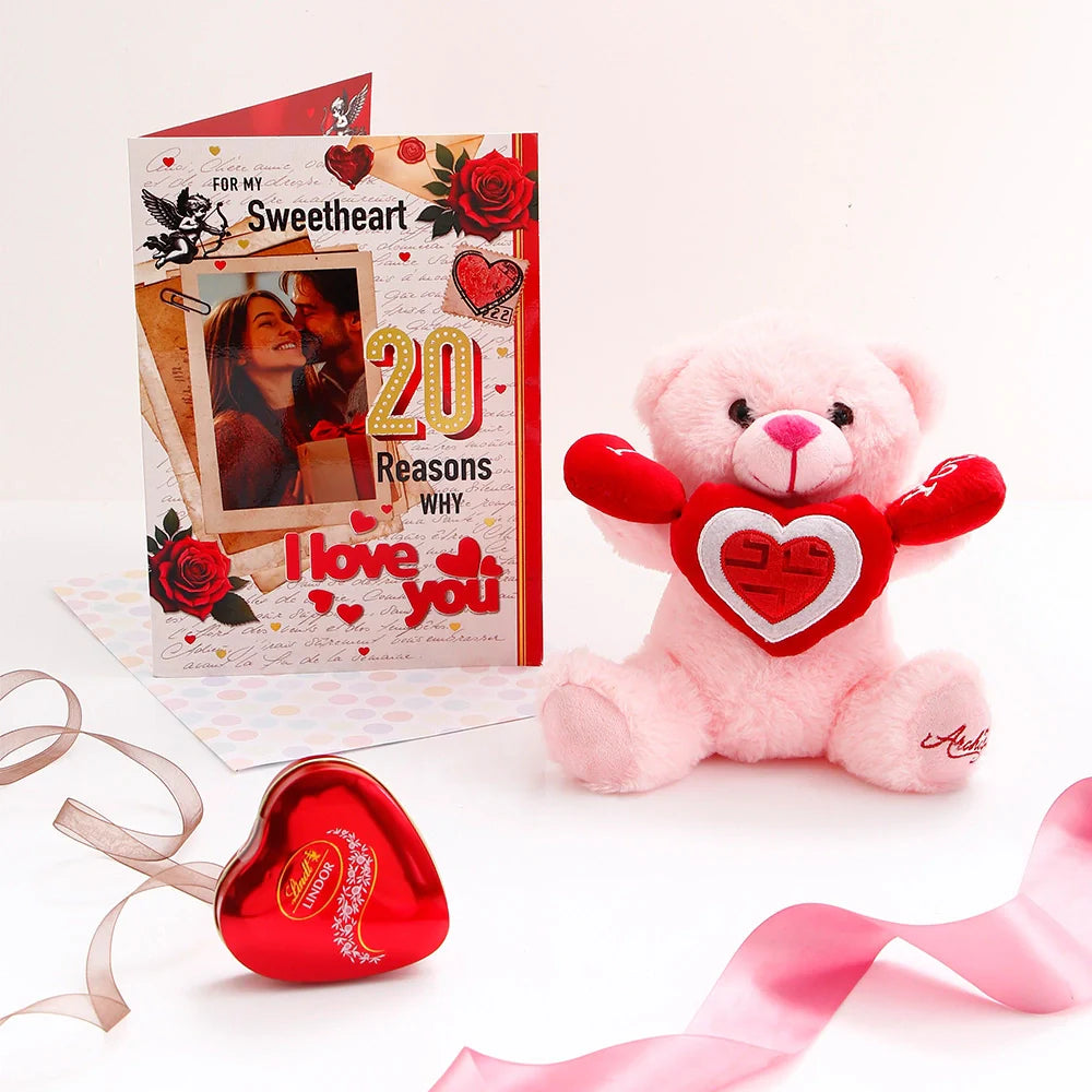 Pink Mini Teddy Bear with Lindt Chocolate and Greeting Card