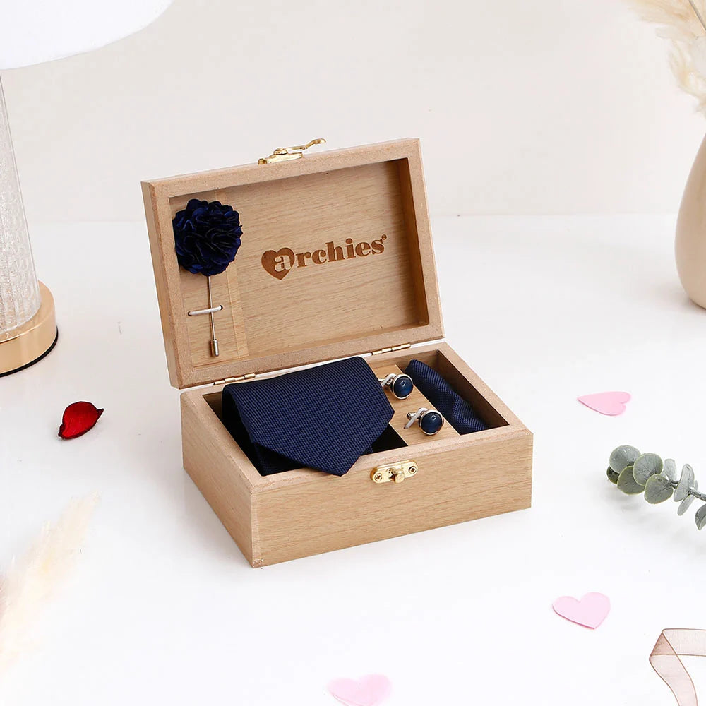 Premium Men's Tie Gift Set in Wooden Box -Blue