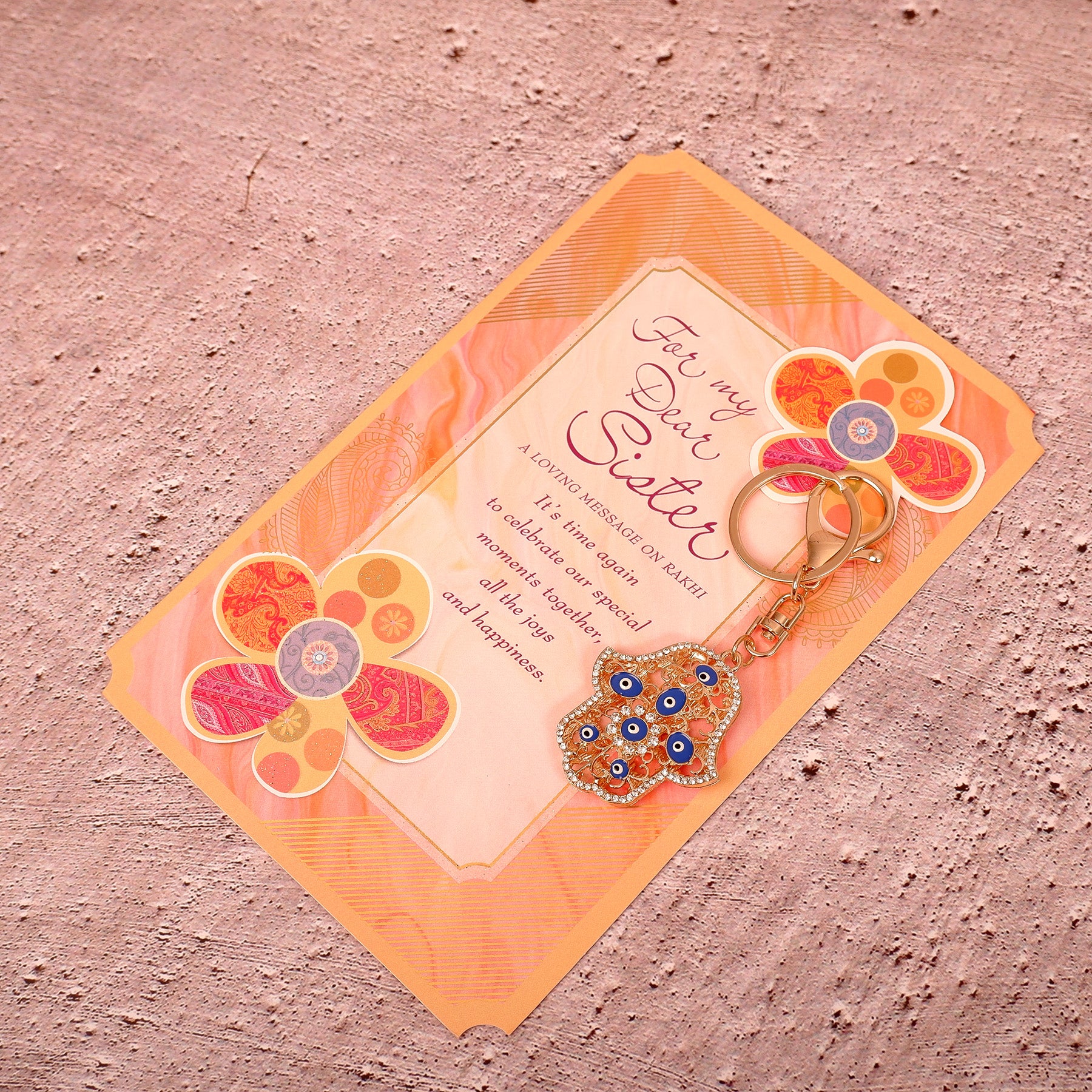 Gazing Evil Eye Keychain With Sister Greeting Card